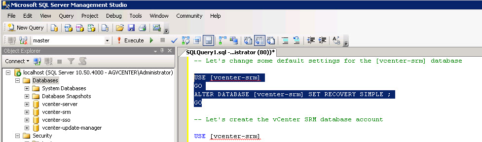 vCenter SRM 5.1 database creation using Transact-SQL | Erik Bussink
