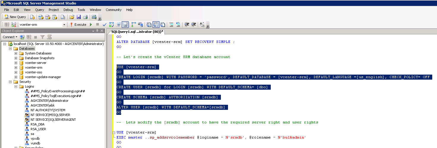 vCenter SRM 5.1 database creation using Transact-SQL | Erik Bussink